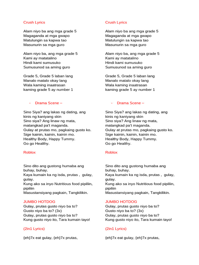 Grade 5 - Nutri JIngle | PDF