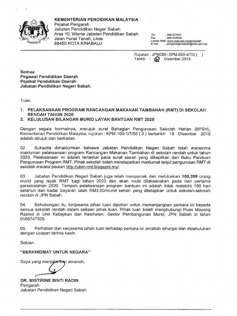Surat Pelaksanaan RMT Tahun 2020 | PDF