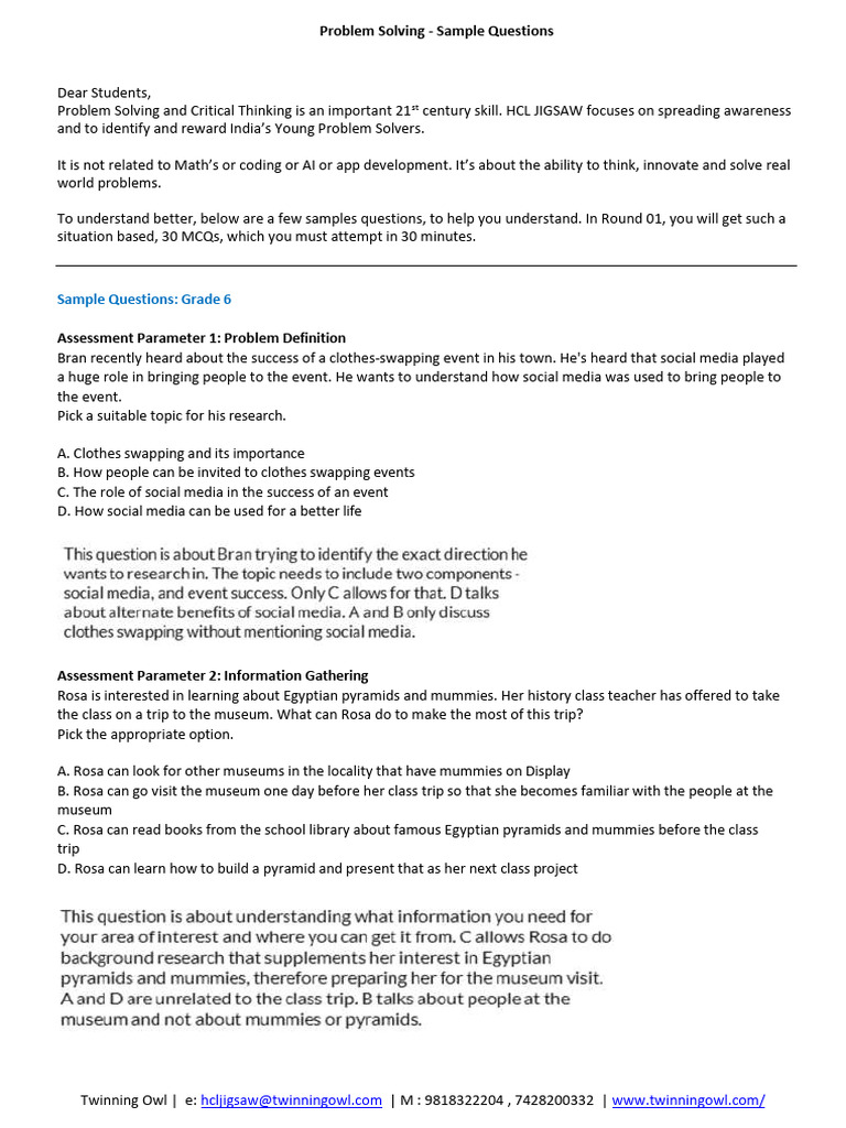 Problem Solving Sample Questions for Students | PDF | Cognition | Learning