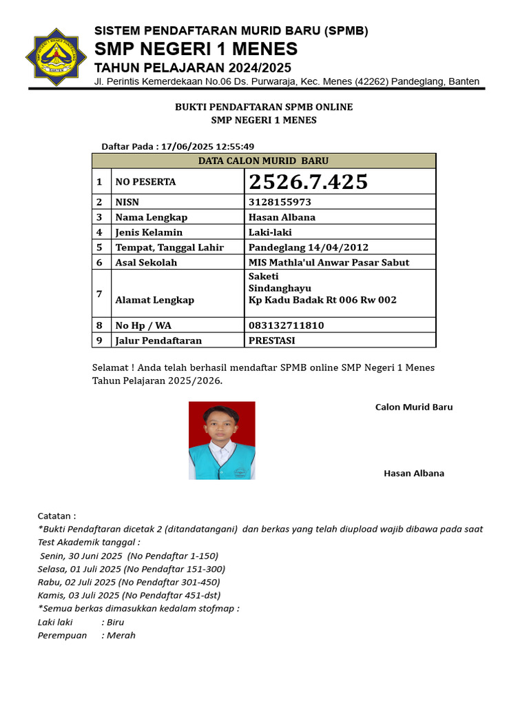 Pendaftaran SPMB SMP Negeri 1 Menes 2025 | PDF