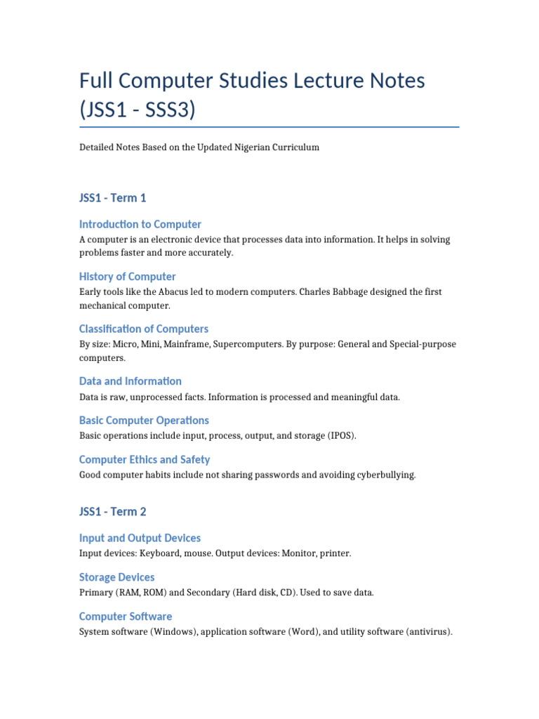 JSS1 Computer Studies Overview | PDF | Spreadsheet | Operating System