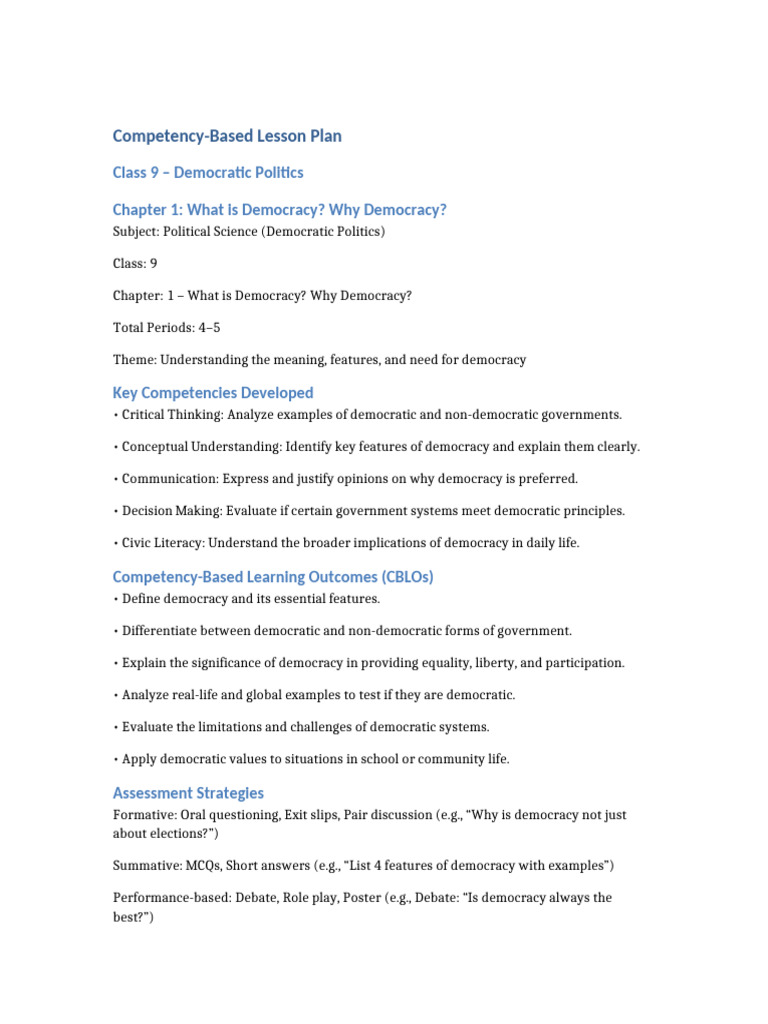 Class9 Chapter1 What Is Democracy Lesson Plan | PDF | Democracy ...