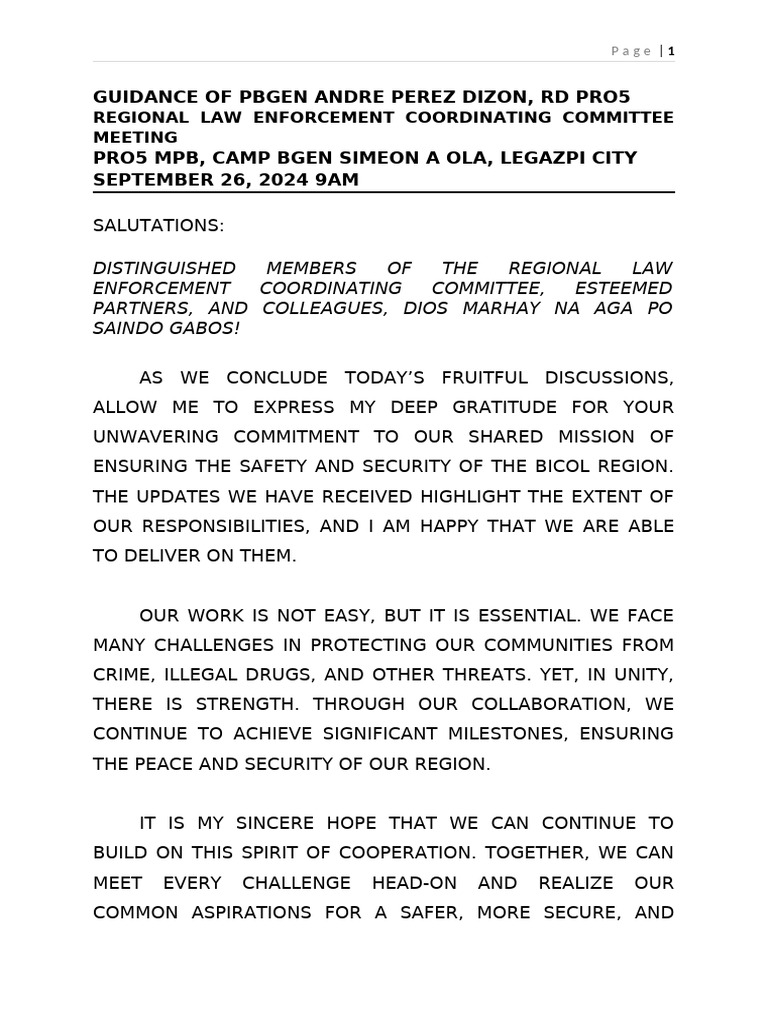 Guidance of Pbgen Andre Perez Dizon Regional Law Enforcement ...