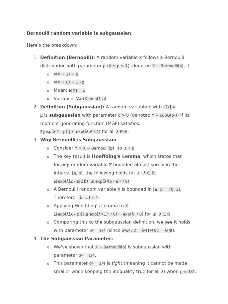 Bernoulli Random Variable Is Subgaussian | PDF | Variance | Functions And Mappings