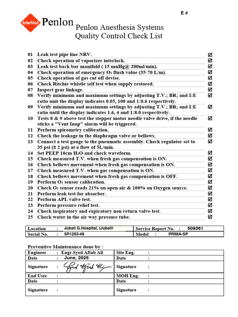 Penlon Anesthesia Quality Control Checklist | PDF | Leak | Valve
