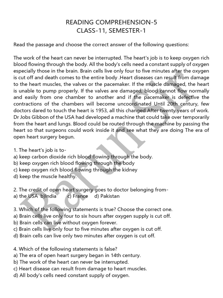 Class 11 Reading Comprehension Exercise | PDF | Heart | Circulatory System