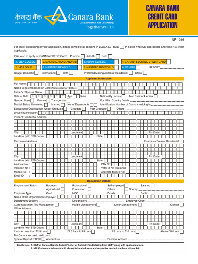 Canara Bank Credit Card Application Form | PDF | Credit Card | Banks