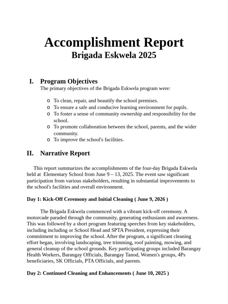 Brigada Eskwela 2025 Accomplishments Report | PDF | Collaboration ...