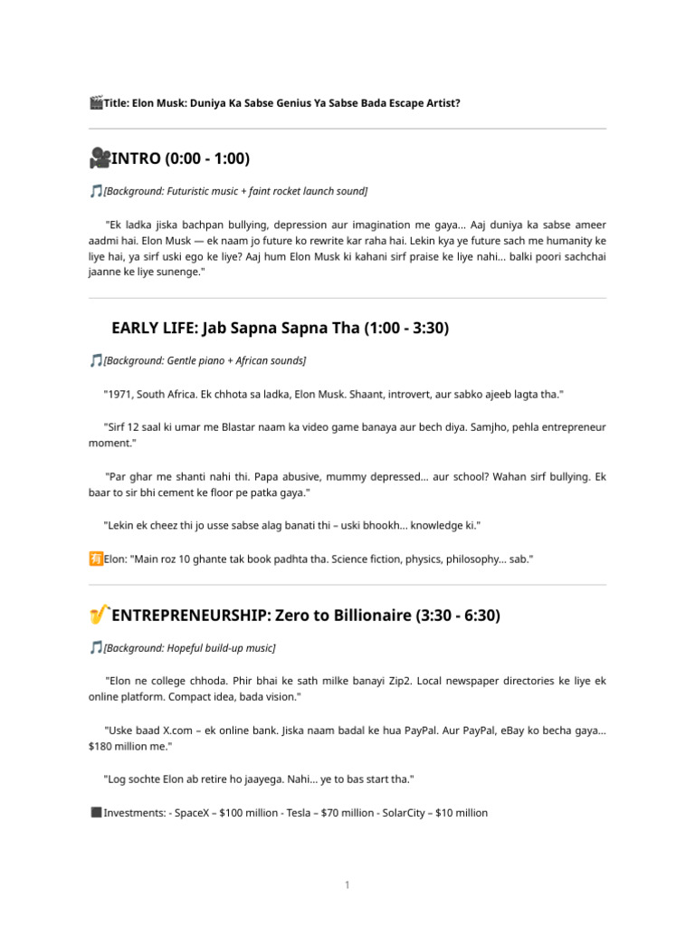 Elon Musk Story Script | PDF | Elon Musk