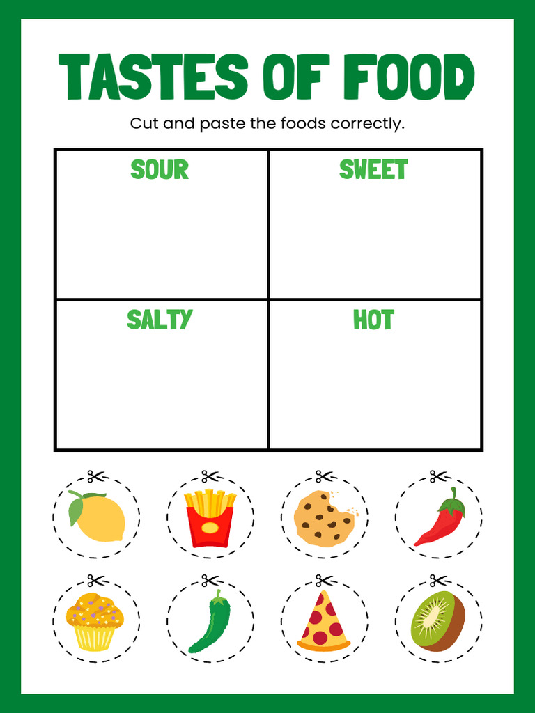 Tastes of Food Green White English Cut and Paste Worksheet - 20250728 ...