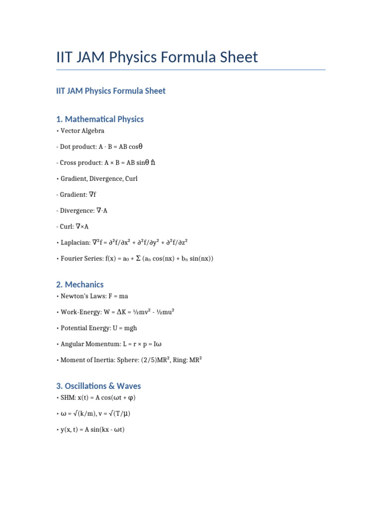 IIT JAM Physics Formula Sheet | PDF