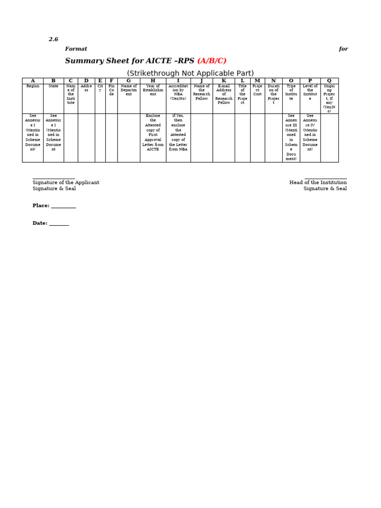AICTE RPS Summary Sheet Format | PDF