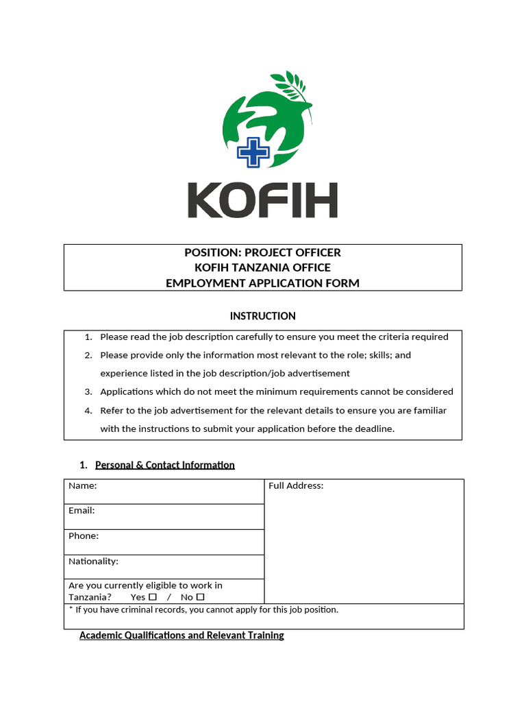 Employment Application Form Kofih Project Officer | PDF