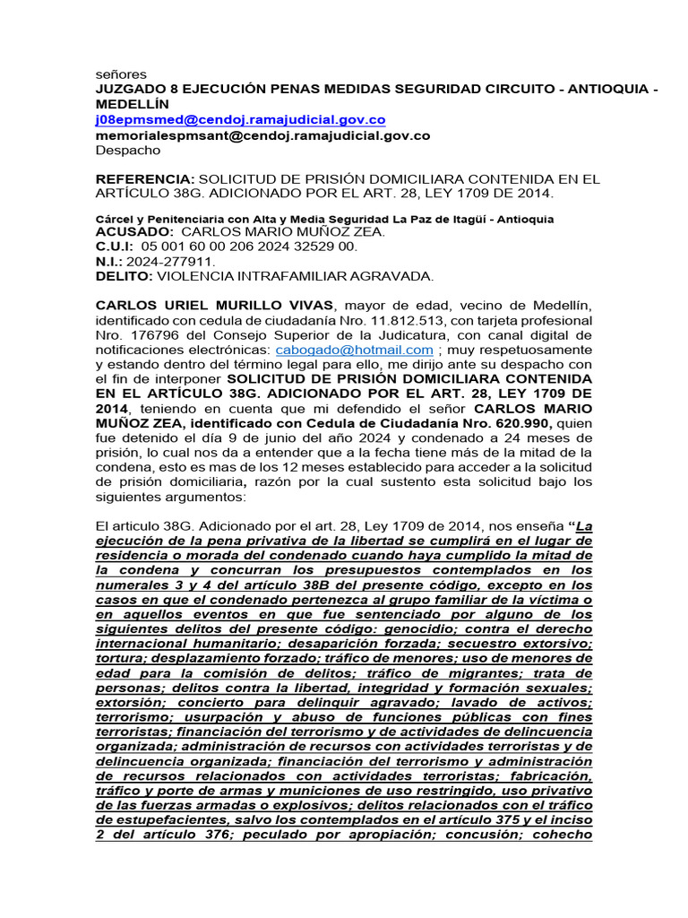 Solicitud de Prisión Domiciliaria Ley 1709 | PDF | Prisión | Soborno
