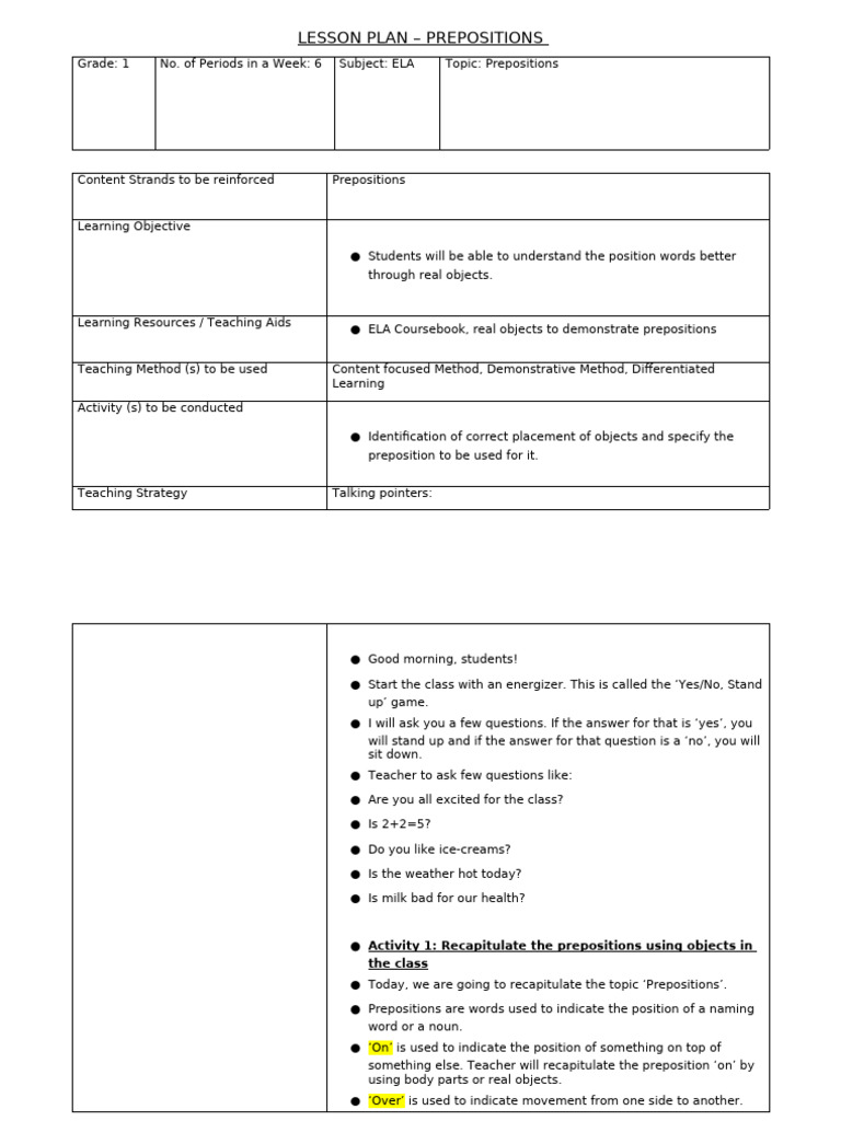 Grade 1 Prepositions Lesson Plan | PDF | Lesson Plan | Linguistics
