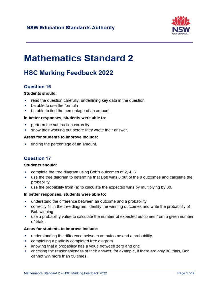 2022 HSC Mathematics Standard 2 Marking Feedback | PDF | Area | Sphere