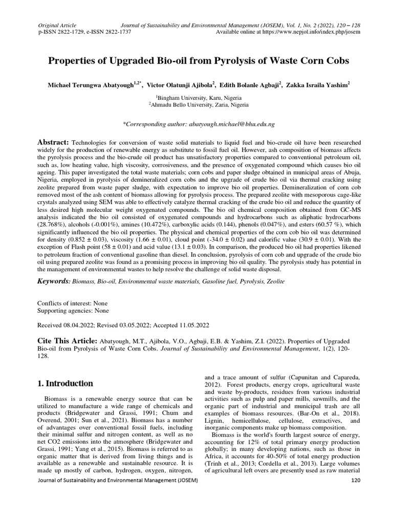 Upgraded Bio-oil from Waste Corn Cobs | PDF | Pyrolysis | Materials