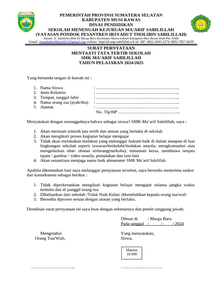 Surat Pernyataan Tata Tertib SMK Sabilillah | PDF