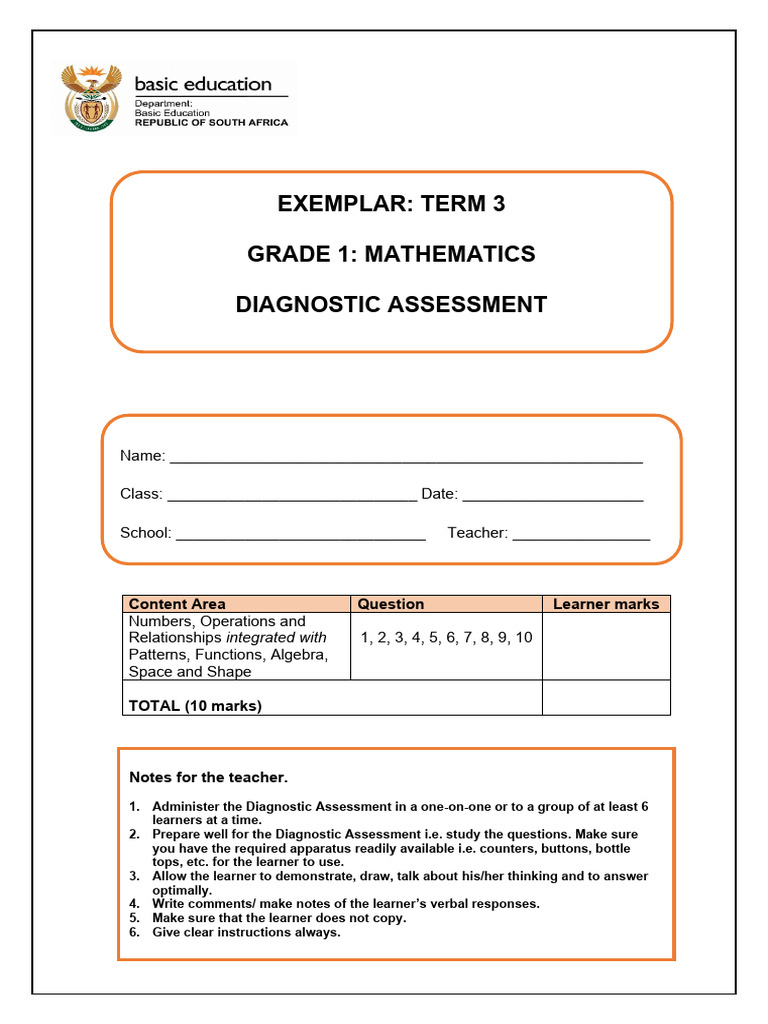 Grade 1 Term 3 Math Diagnostic Assessment | PDF | Mathematics