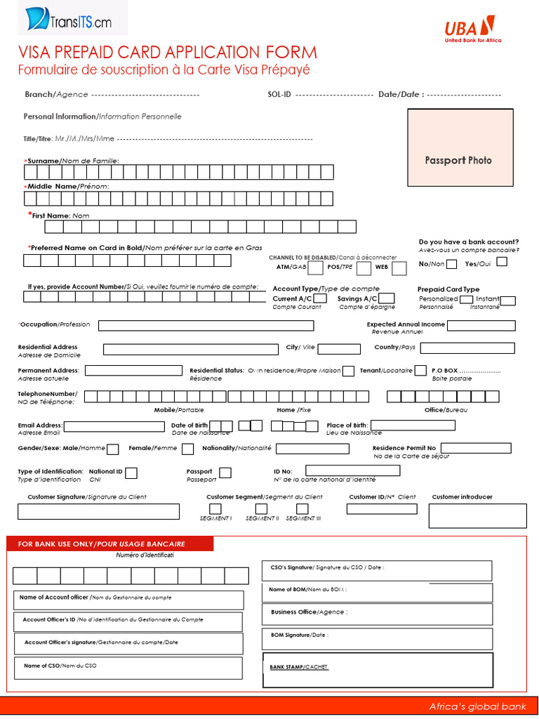UBA VISA Prepaid Card Application Form | PDF | Debit Card | Visa Inc.