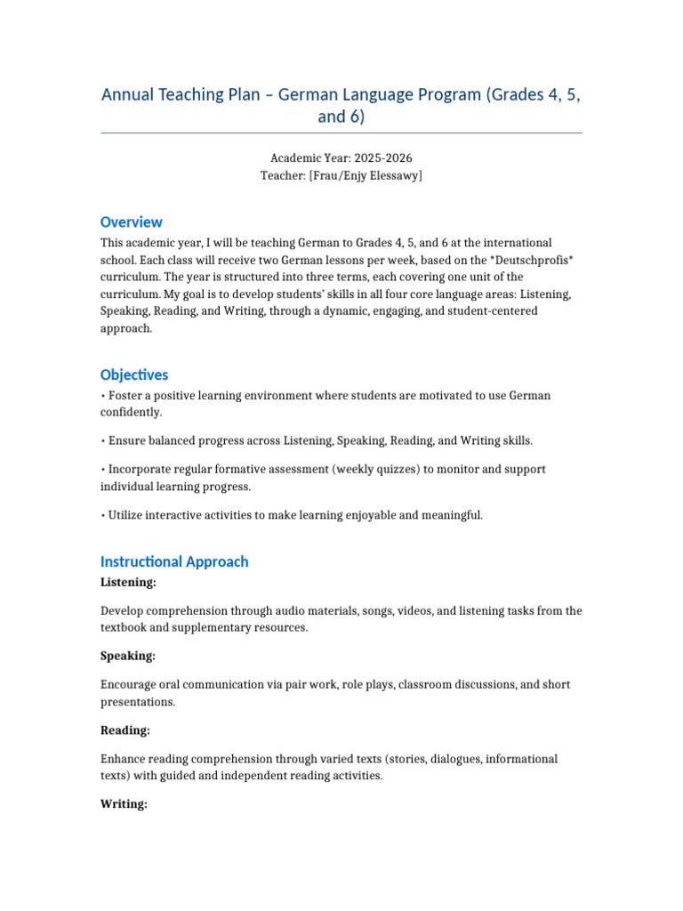 Annual Teaching Plan German Grades 4 5 6 | PDF