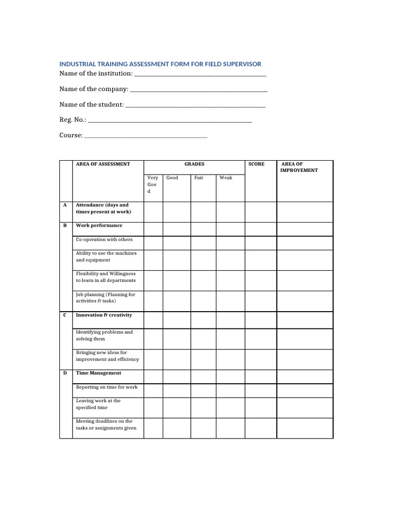 Industrial Training Assessment Form | PDF