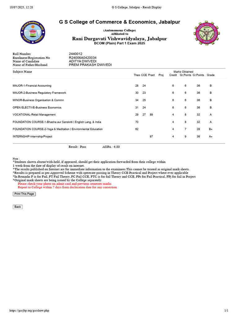 G S College, Jabalpur - Result Display | PDF | Qualifications ...