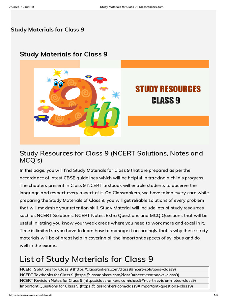 Class 9 Study Materials and Resources | PDF | Multiple Choice