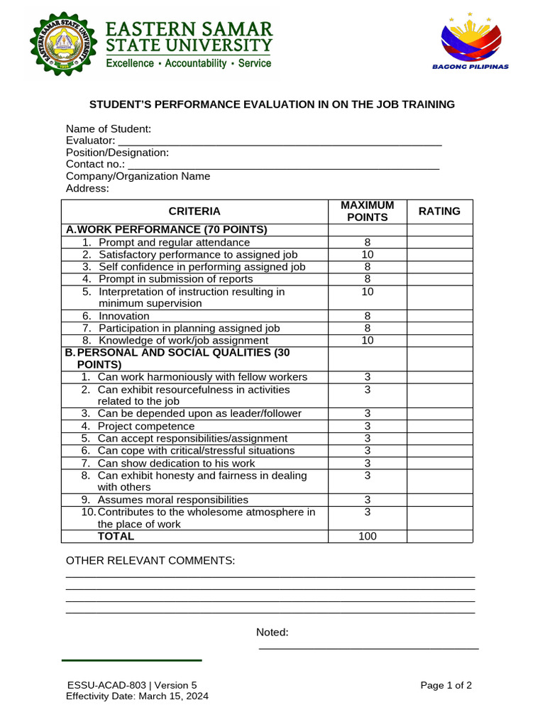 OJT Performance Evaluation Form | PDF