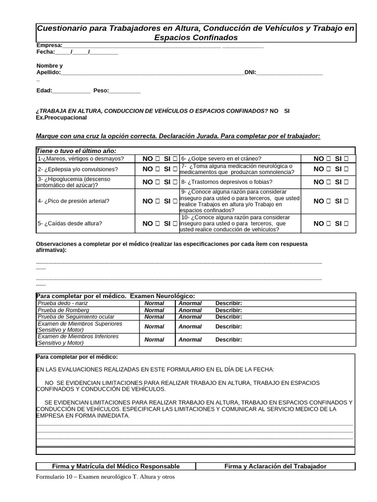 Formulario 10 - Examen Neurologico T. Altura y Otros | PDF | Neurología ...