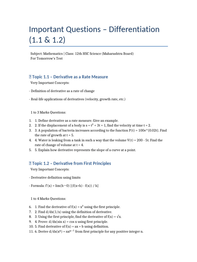 Important Questions on Differentiation | PDF