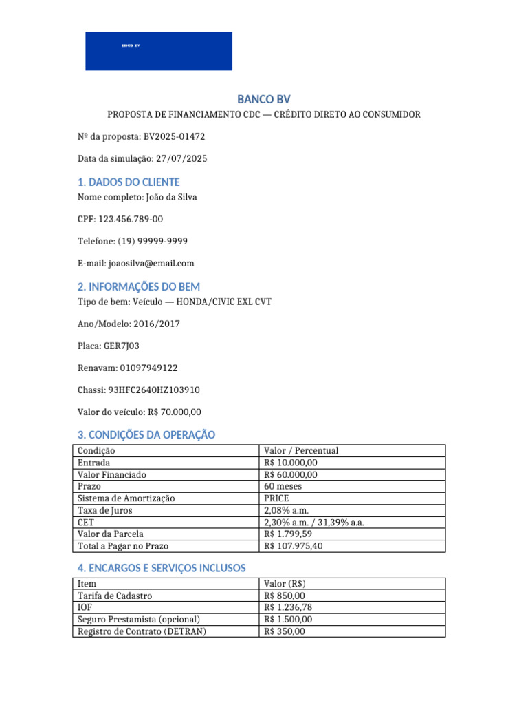 Proposta CDC Banco BV 2025 Com Logo | PDF