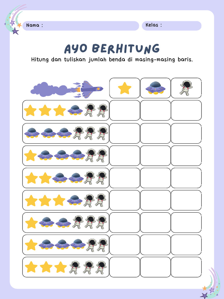 Hitung Jumlah Benda Lembar Kerja Putih Ungu Ilustrasi Minimalis | PDF