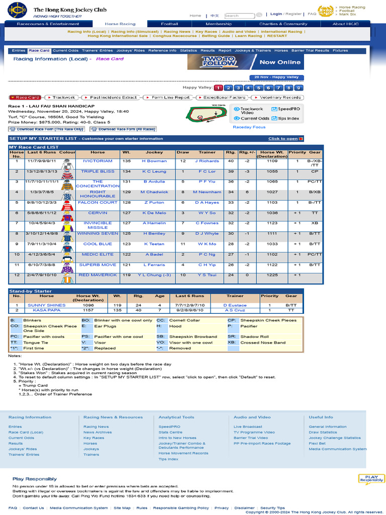 Hong Kong Race Card - Nov 20, 2024 | PDF | Horse Racing | Jockey