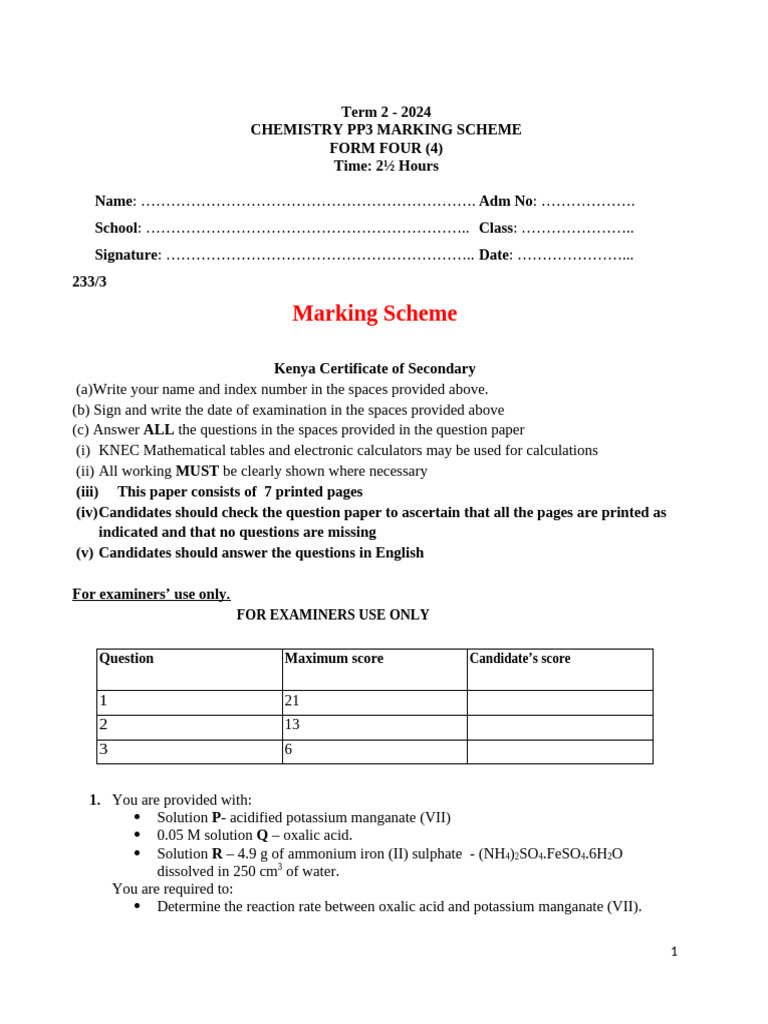 Chemistry - Paper 3 - Marking Scheme | PDF | Titration | Chemistry