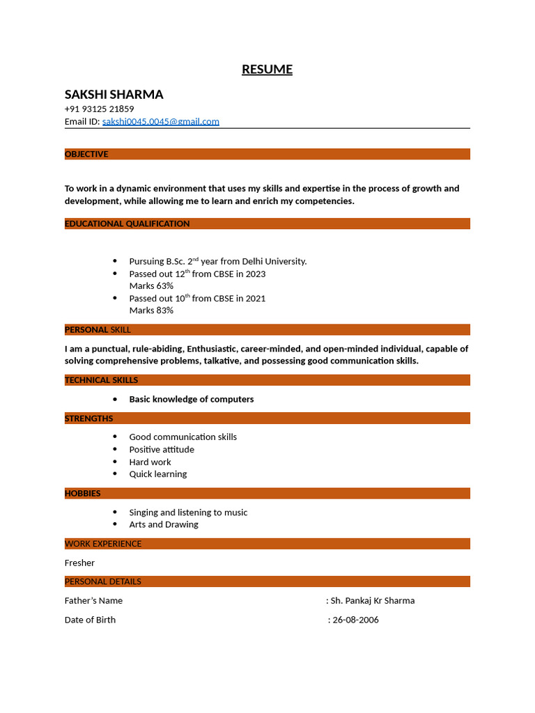 Resume Sakshi Sharma: ND TH | PDF