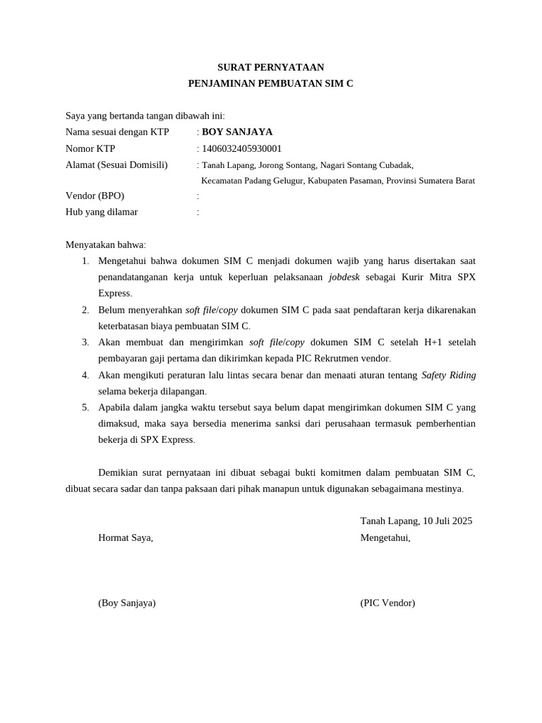 Surat Pernyataan Boy Sanjaya | PDF