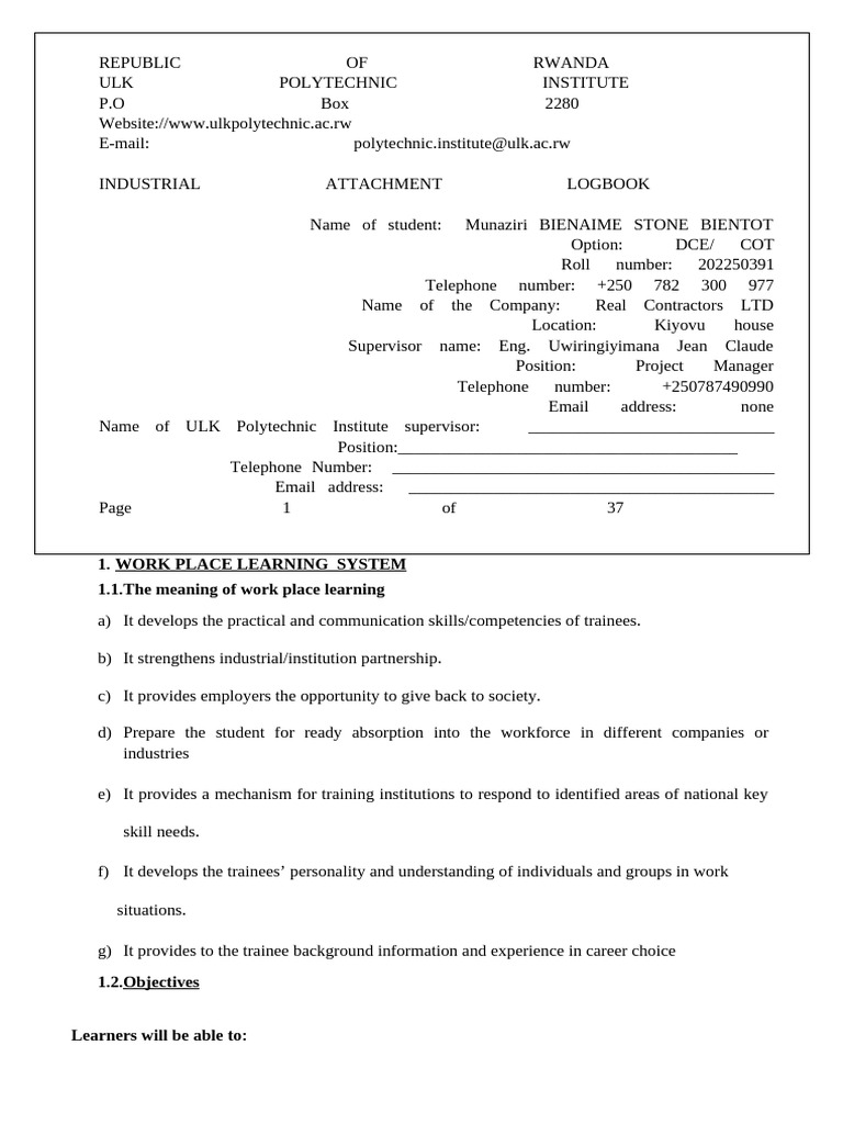 INDUSTRIAL ATTACHMENT LOGBOOK Munaziri BIENAIME | PDF | Concrete | Wall