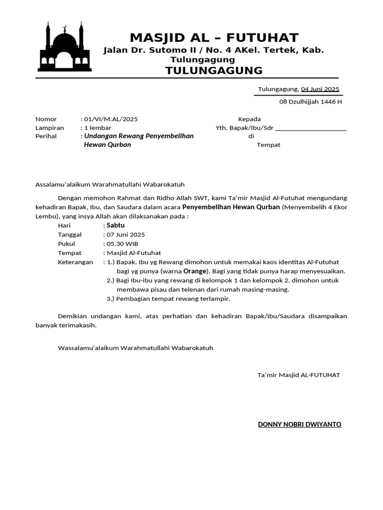 Surat Undangan Masjid Al Futuhat | PDF