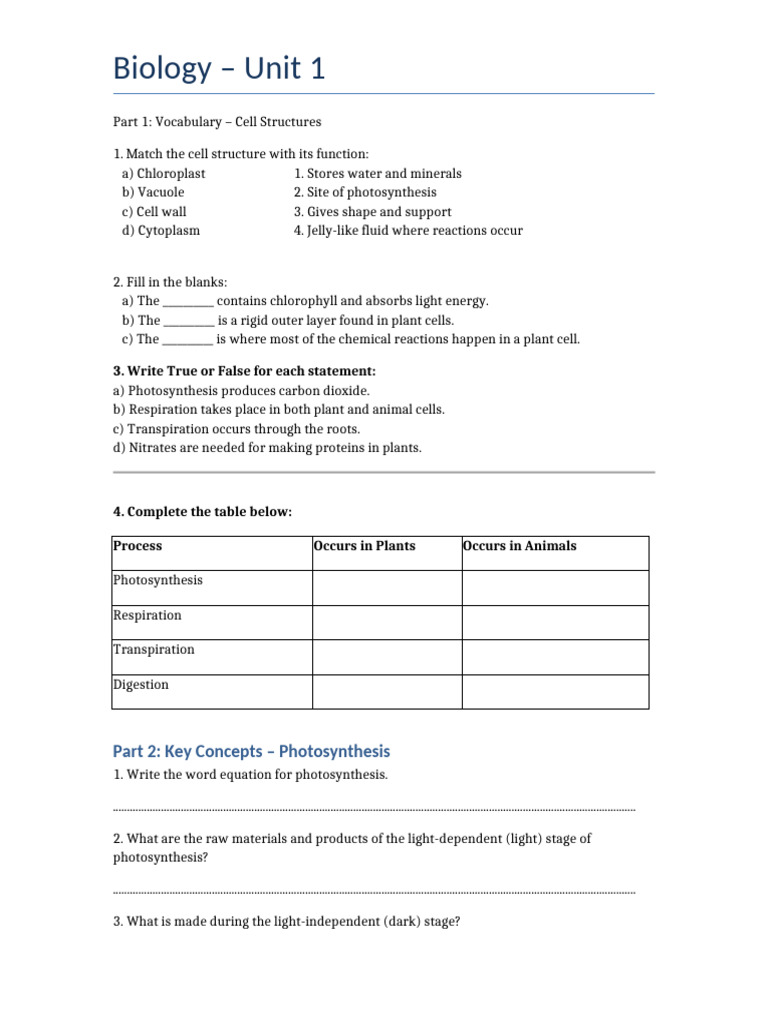 Biology Unit1 Concept Vocab Test | PDF | Photosynthesis | Plants