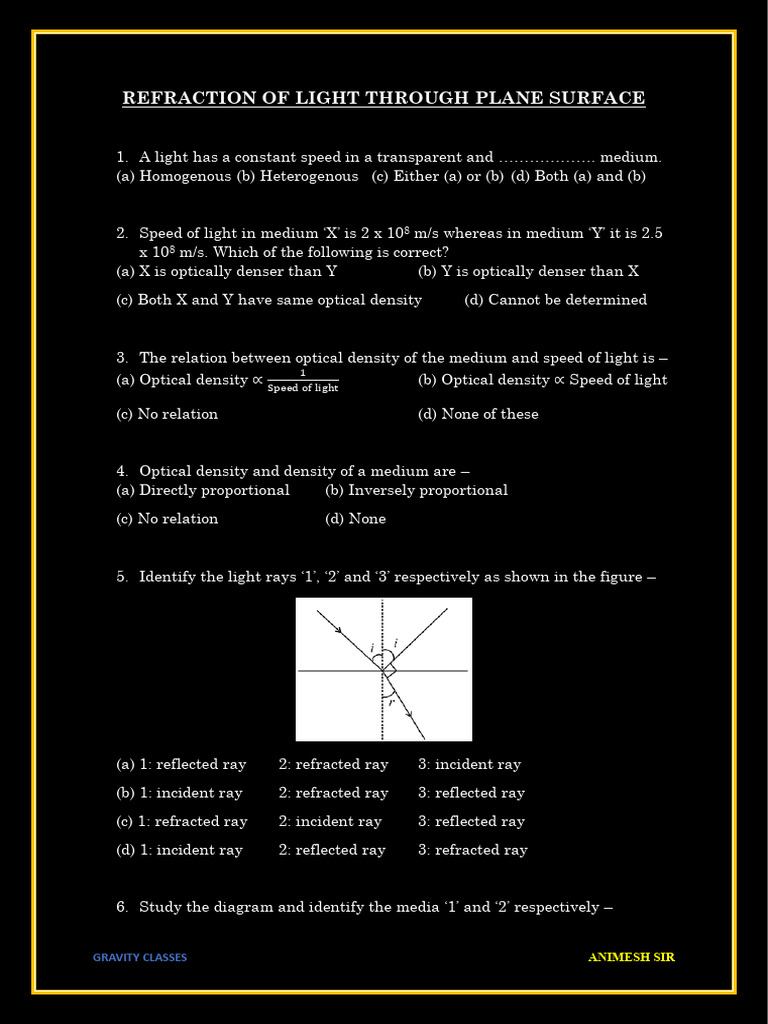 Gravity Classes: Light Refraction Quiz | PDF | Refraction | Refractive ...