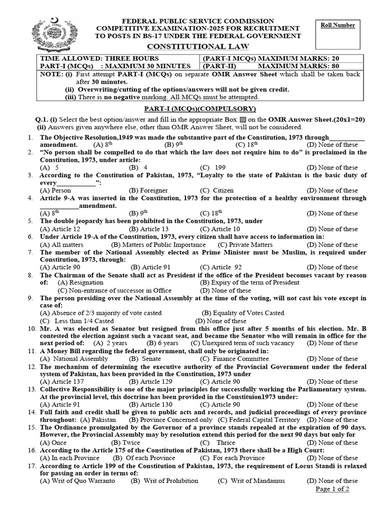 CSS 2025 Constitutional Law Exam Guide | PDF | Constitution | Political ...