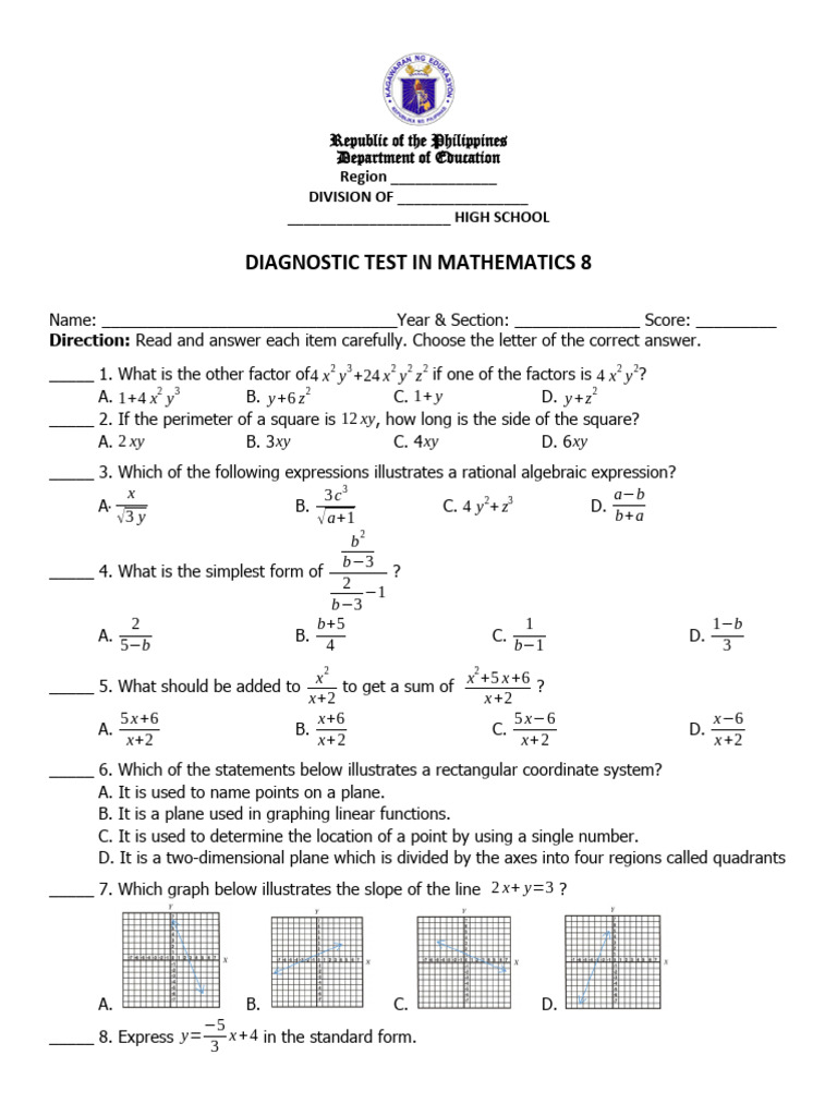 Diagnostic Test - Mathematics 8 | PDF | Classical Geometry | Euclid