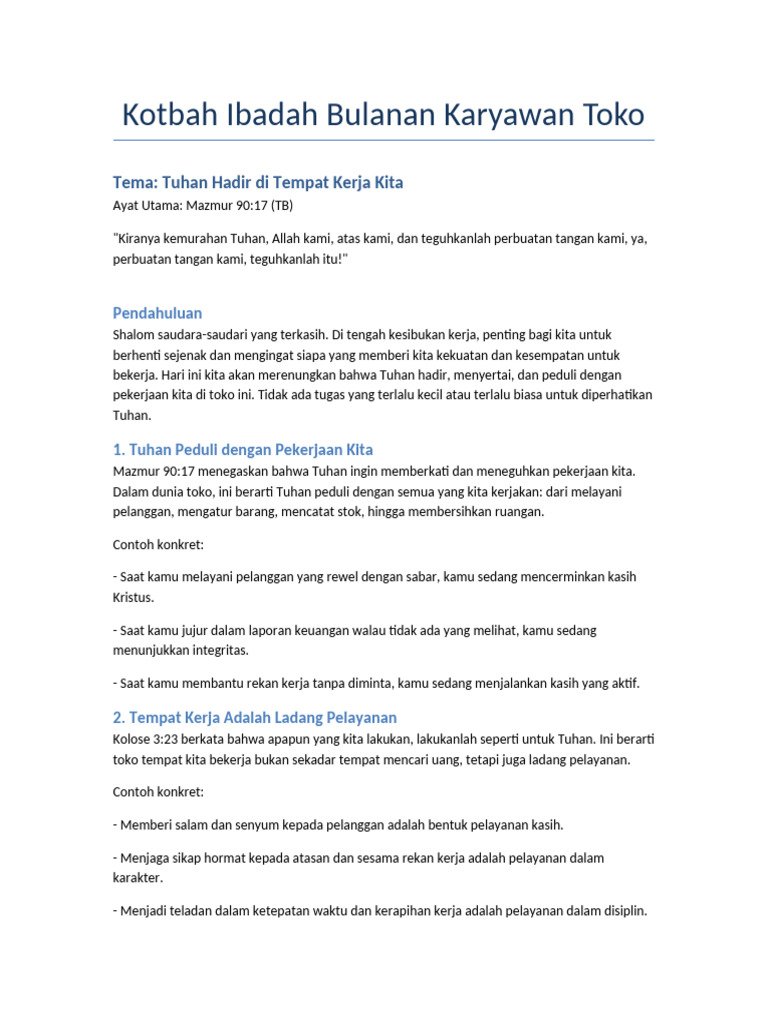 Kotbah Ibadah Bulanan Karyawan Toko | PDF