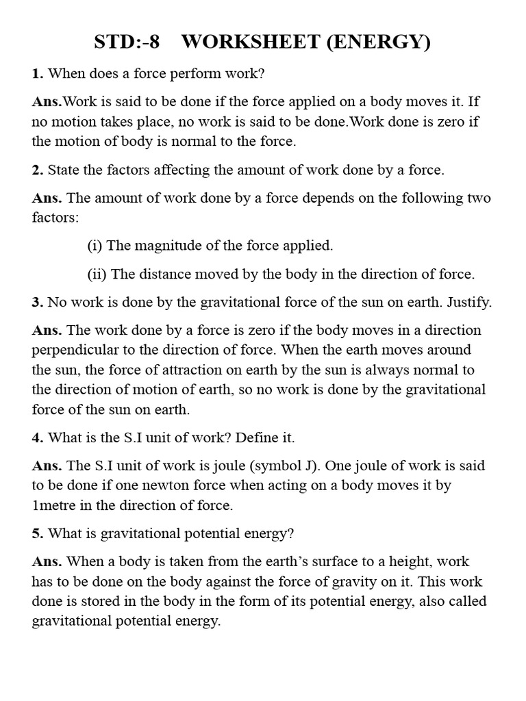 Energy Worksheet (1) STD 8 2024 | PDF | Potential Energy | Force