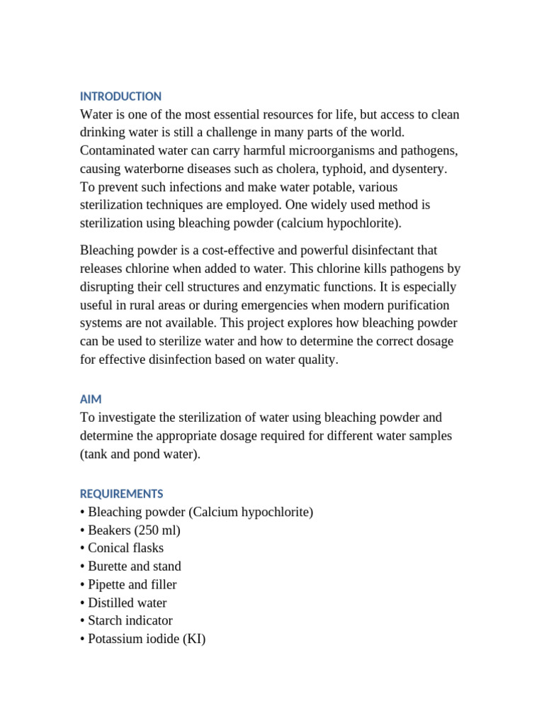 Sterilization of Water Project Final | PDF | Bleach | Titration