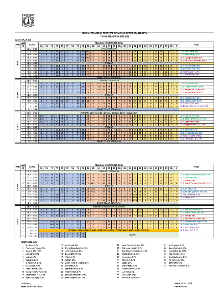 Jadwal Pelajaran SMPN 184 Jakarta 2025 | PDF