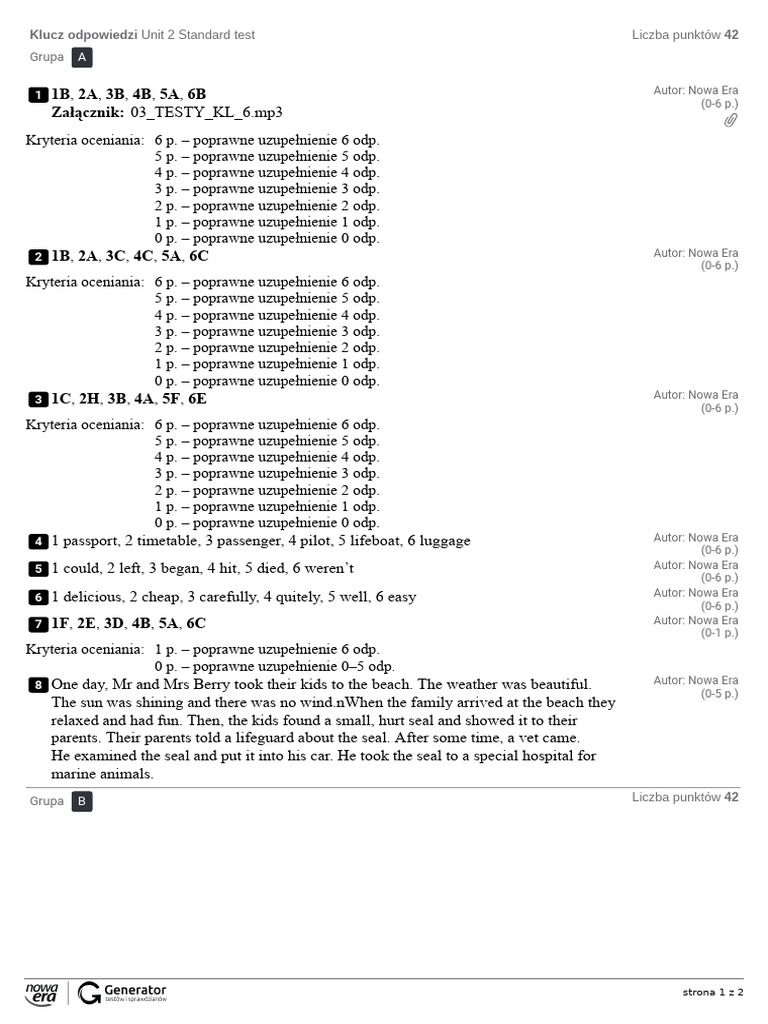 Unit 2 Standard Test Klucz Odpowiedzi | PDF