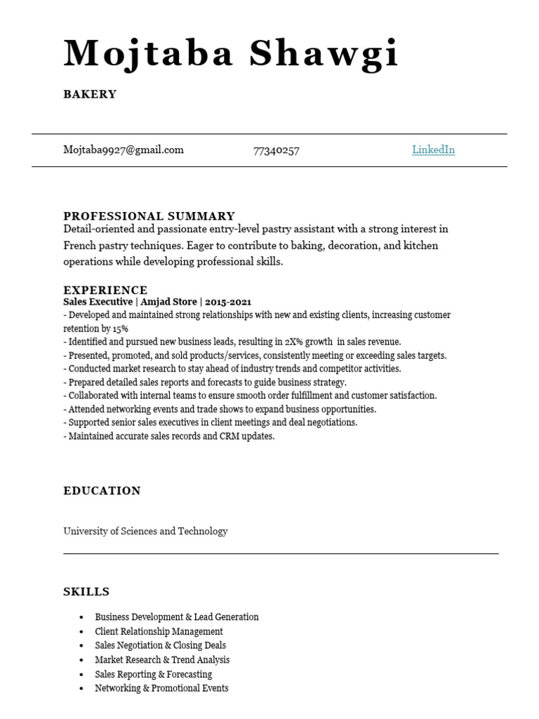 Bakery Assistant CV of Mojtaba Shawgi | PDF