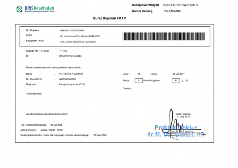 Putri Shifa Azahra Rujuk RS Kayuagung Poli THT | PDF